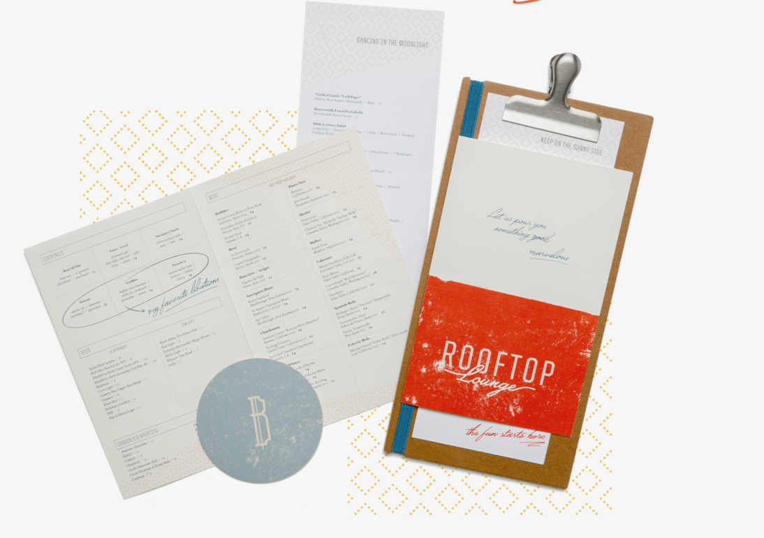 Bobby Hotel Rooftop Lounge menu and coaster design - ST8MNT BRAND AGENCY